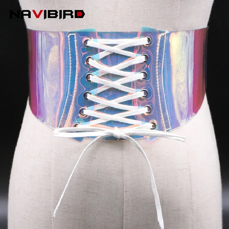 Women Wide Lace Up Belts Fashion 2018 Autumn Holographic Pvc Corset ...