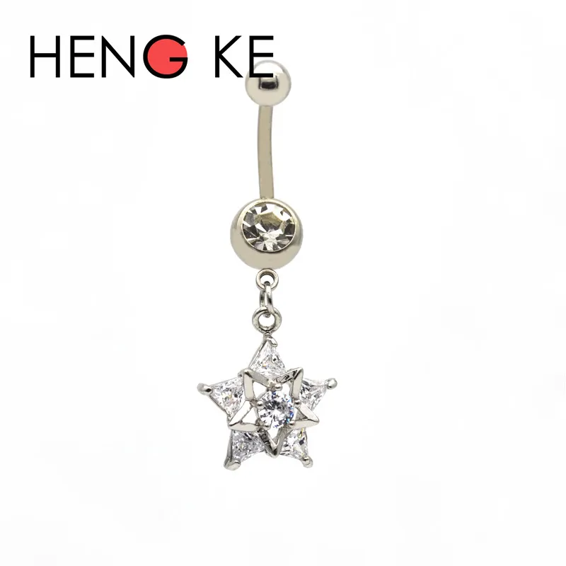 Surgical Steel Belly Bar Five Star Clear Cz Gems 14g Crystal Dangle Navel Rings Button Beautiful