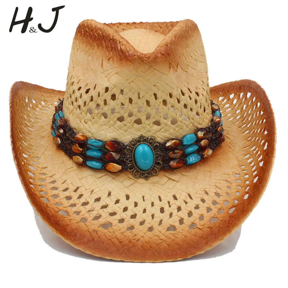 Women Men Straw Western Cowboy Hat With Punk Leather Band Lady Dad ...