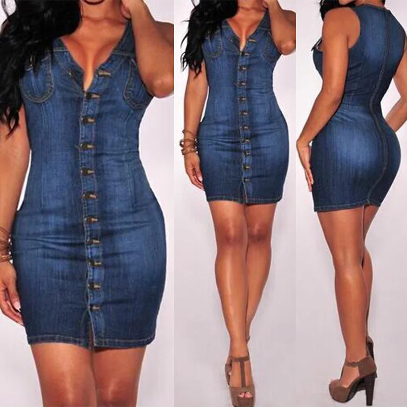 Sexy Blue Jean Dress Bodycon Up Dress V Neck Button Sleeveless Casual Summer Denim Dress 30238