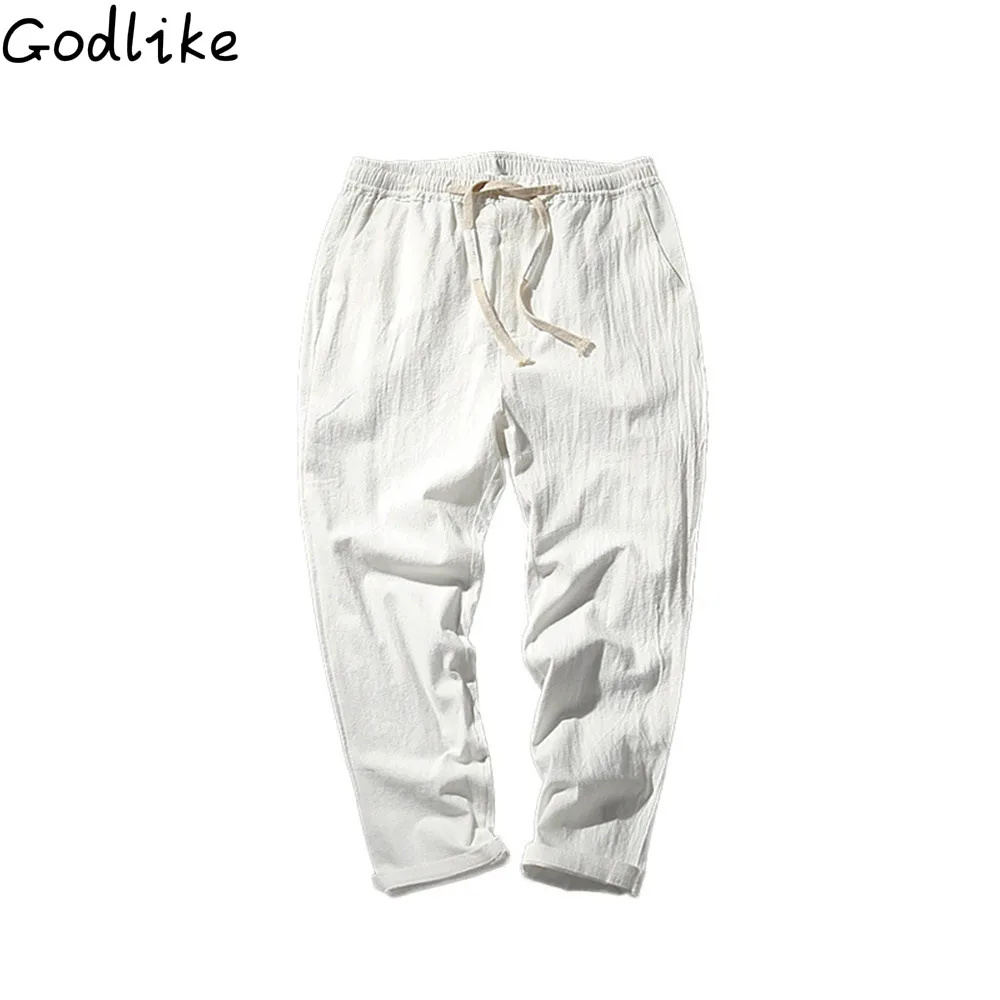 Godlike Retro Male Summer Beach Flax Hemp Loose Drawstring Jogger