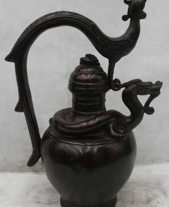 12"China Chinese Folk Bronze excellent Dragon phoenix water jug flagon ...