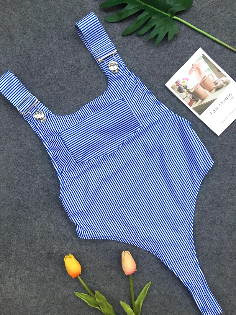 Black And Navy Blue Striped Bodysuit Sexy Bib Strap Thong Swimsuit With