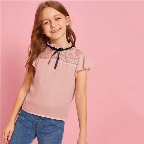 SHEIN Kiddie Girls Tie Neck Contrast Lace Ruffle Kids Blouse 2019 ...
