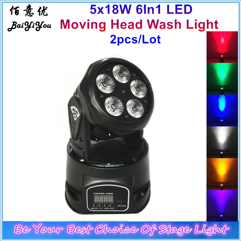 2pcs/Lot 5pcs LED Mini Moving Head Wash Light 5x18W RGBWA+UV 6In1 Wash ...