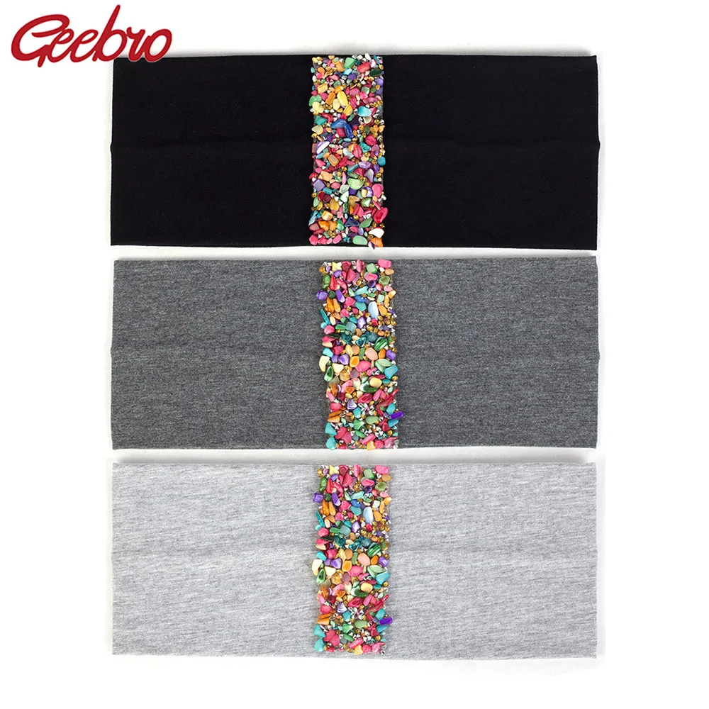 Geebro Fashion Woman Cotton Colorful Stones Ribbon Headbands Headwear