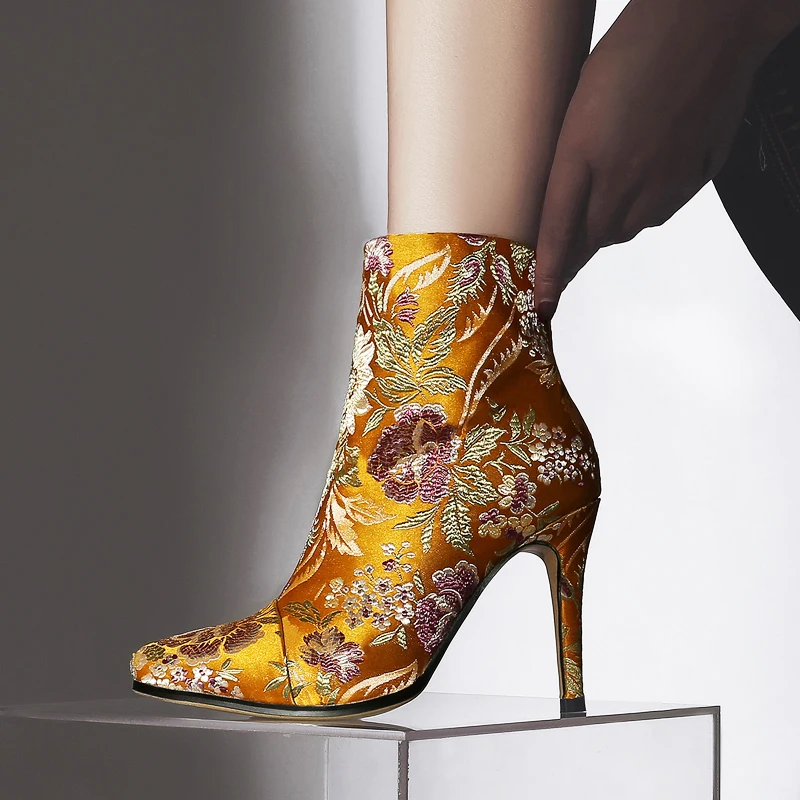 2019 Chinese Style Yellow Satin Embroidery High Heel Boots Vintage ...