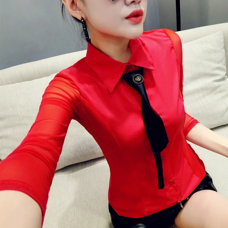2018 Autumn Long Sleeve Turn Down Collar Red Shirt With Necktie Women