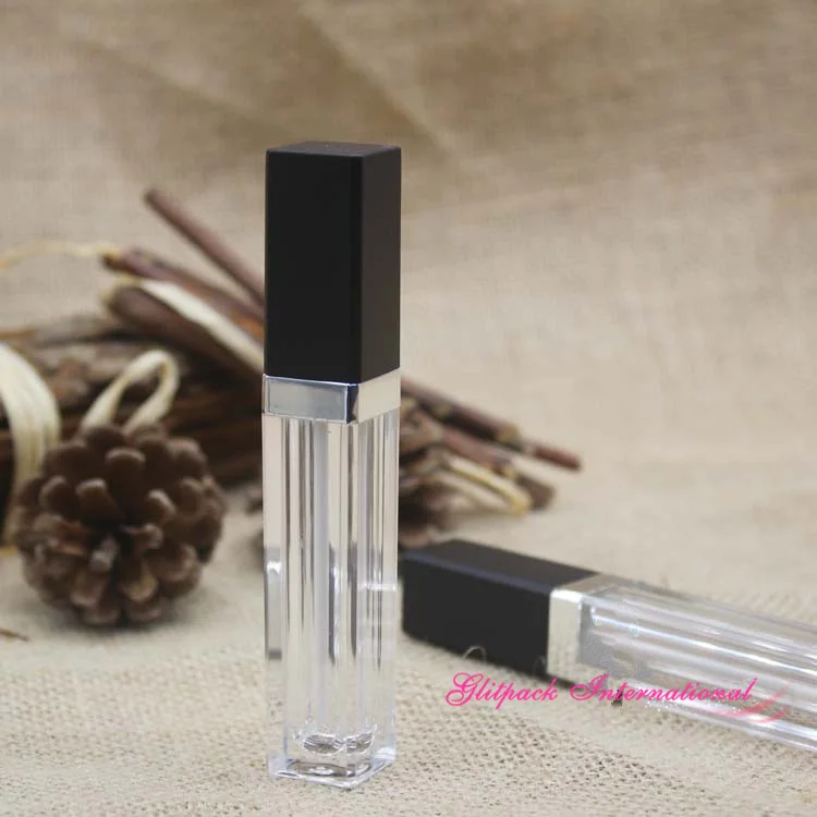 아크릴 립글로스 빈 튜브 스토퍼 포함 6ml 매트 블랙 캡 스퀘어 립글로스 화장품 포장 실버 라인 넥lip Gloss