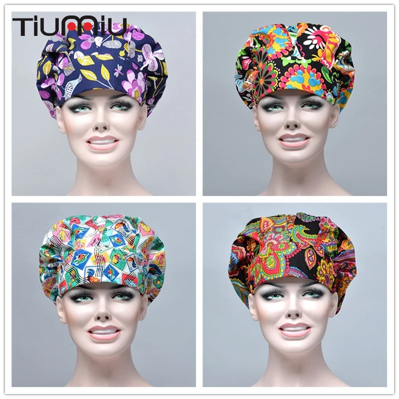 4 Colors Floral Printed Cute Scrub Caps High Quality Gourd Hats Clinic ...
