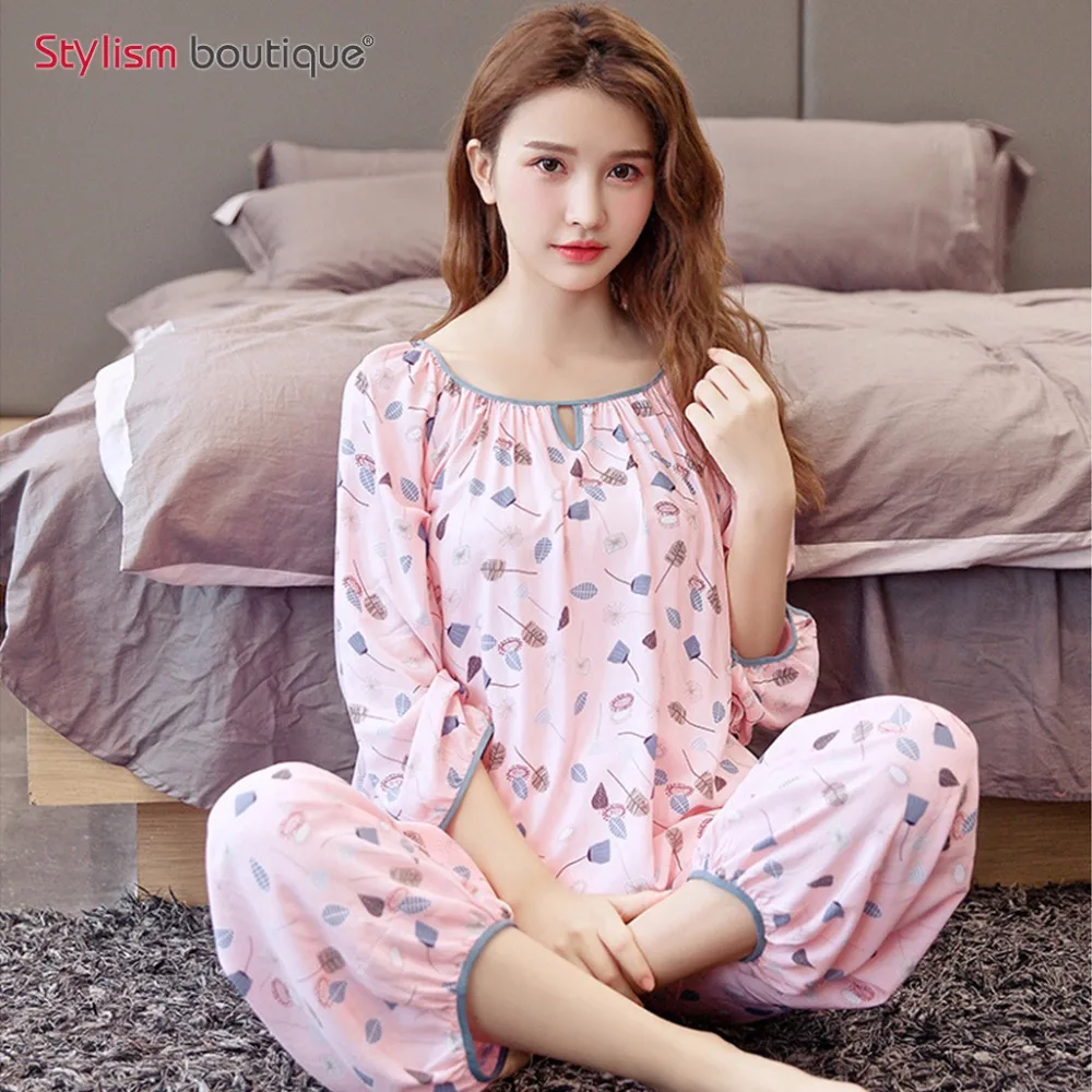 New Pajamas Sets for Women Cotton Pyjamas Floral Print Sleepwear Casual ...