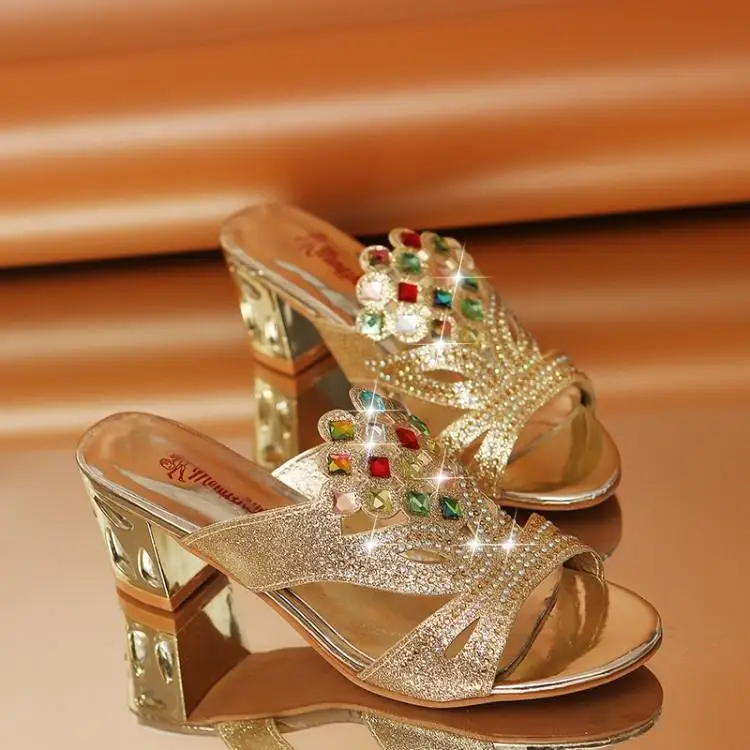Luxury Gold Silver Leather Slippers Women Chic Colorful Rhinestone Cut ...