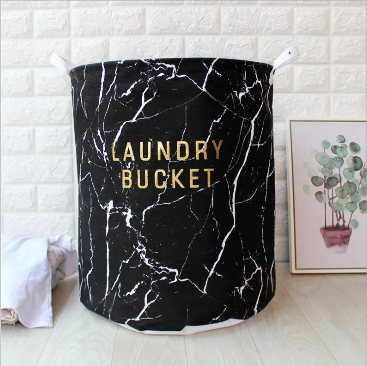 Foldable Waterproof Linen Cotton Storage Bucket Grey Marble Large ...