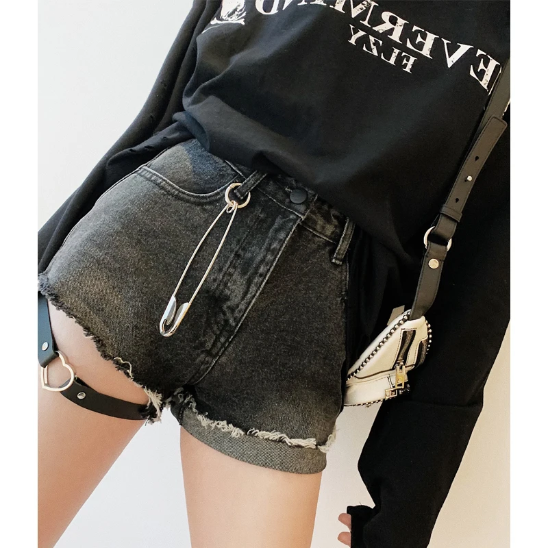 Sexy Denim Shorts Women Rock Punk Chic Pin Decoration Female Irregular High Waist Streetwear