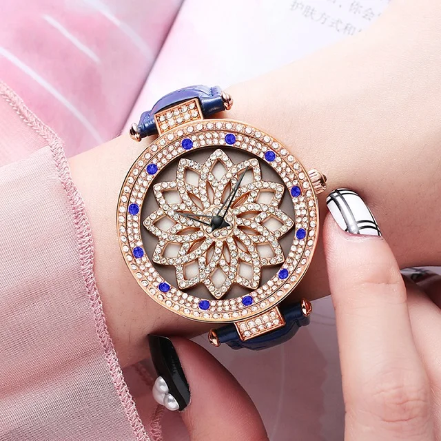 Creative Rotation Flower Women Watches Luxury Diamand Rose Gold Clock ...