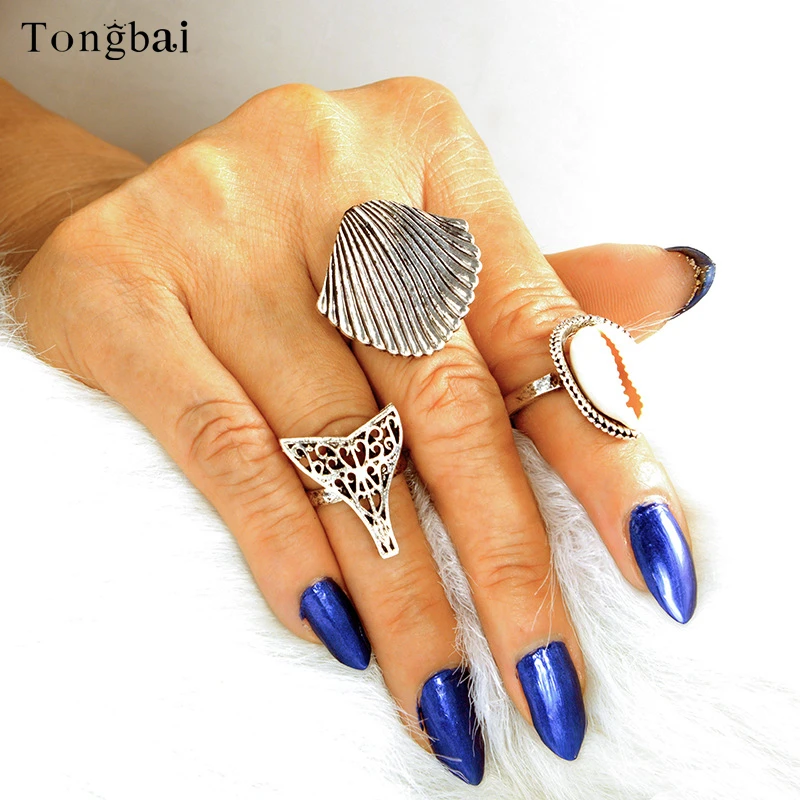 Tongbai 3PCS Bohemian Conch Shell Rings Set Vintage Punk Antique Silver ...