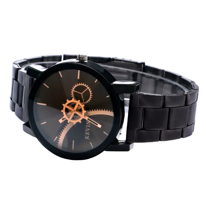 Fashion Full Black Gear Wheel Dial Quartz Watch Men Stainless Steel ...
