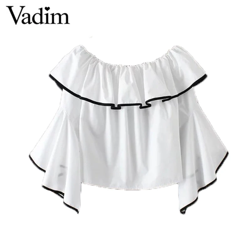 Women Sexy Elastic Slash Neck Ruffles Shirts Sweet Flare Sleeve Blouse