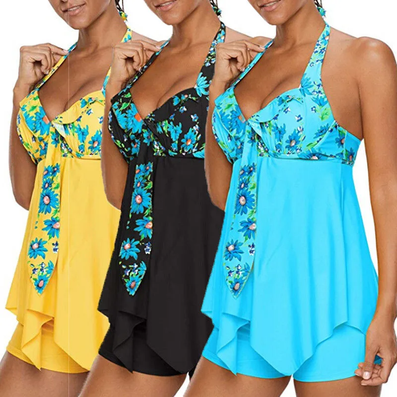 2pcs Summer Bikini Set Women Floral Print High Waist Swimwear Two
