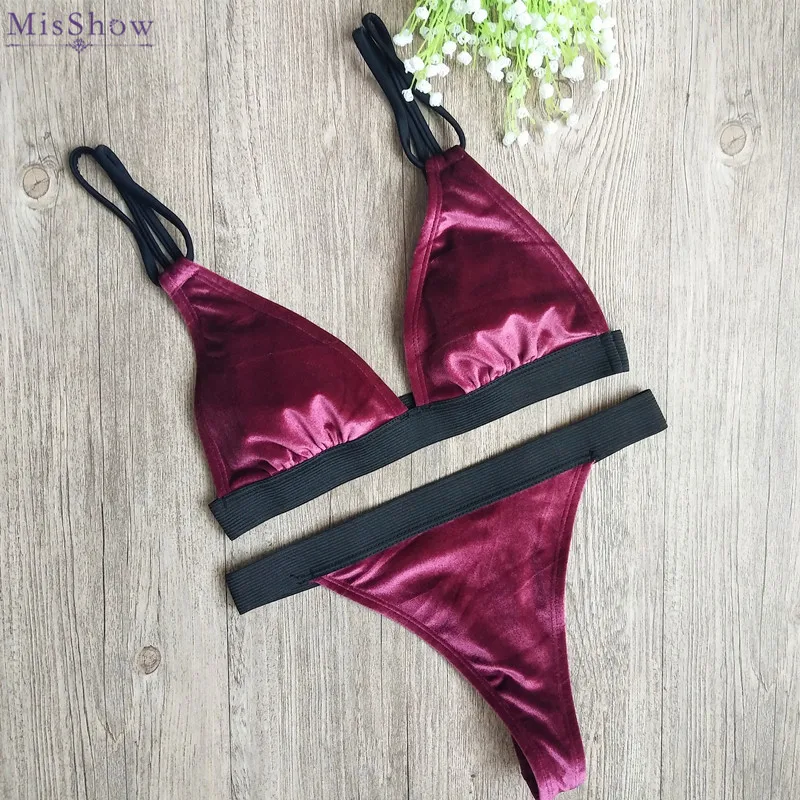 Misshow 2019 Sexy Women Bikinis Set Diamond Velvet Swimsuits Strap