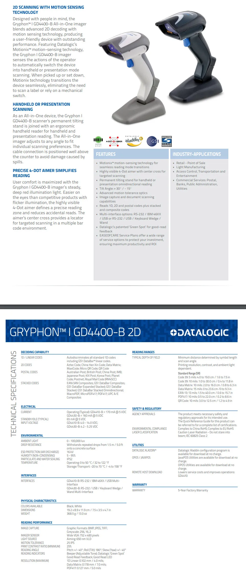 Datalogic GD4430 PN: GD4430-BKK1B общего назначения проводный 2D ...