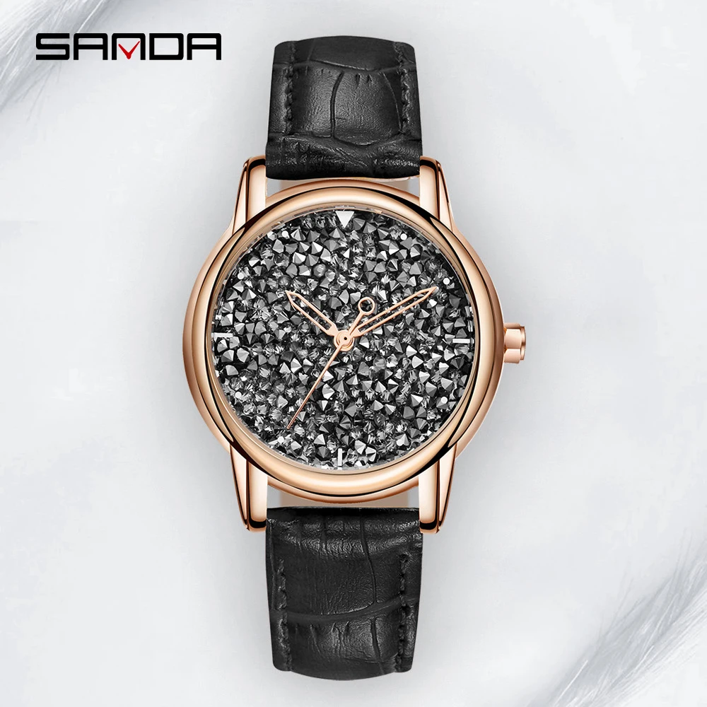 Sanda Brand Fashion Women Watches Full Diamond Leather Watch Woman ...