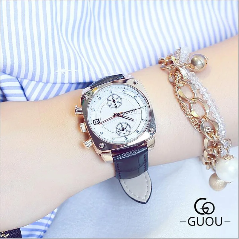 GUOU Watch Fashion Vintage Square Women Watches Genuine Leather Ladies ...
