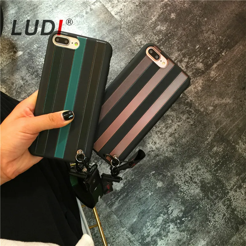 LUDI Korea Blue & Blown Strip Case Wrist & Neck Strap For iPhone X 8 7 ...