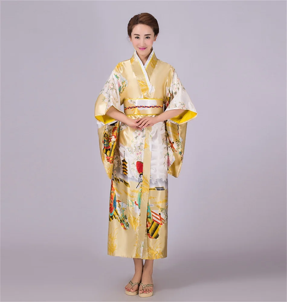 Hot Sale Gold Japanese Vintage Original Tradition Silk Yukata Kimono