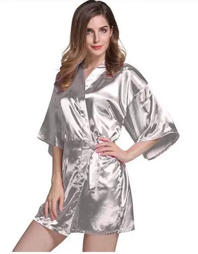 Women Silk Satin Short Night Robe Solid Kimono Robe Fashion Bath Robe ...