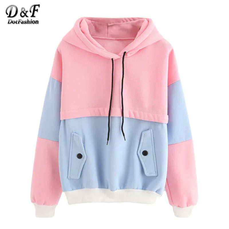 Dotfashion Color Block Drawstring Hooded Tops Pink And Blue Pullovers