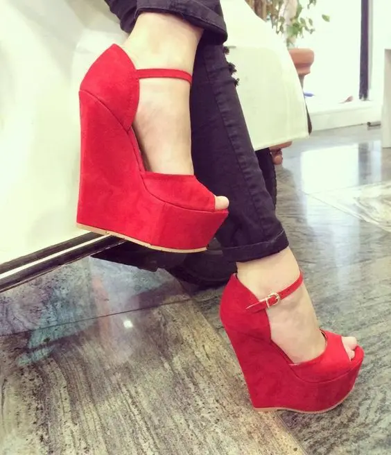 Red Wedges Shoes With Straps