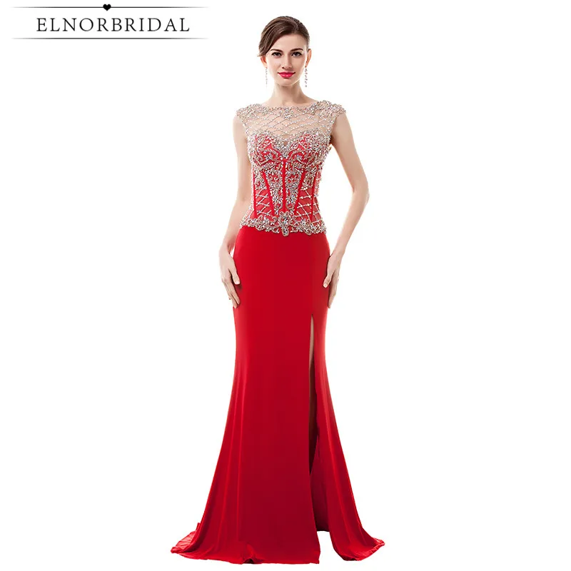 Modest Red Prom Dresses Mermaid 2019 Beading Chiffon Sheer Open Back ...