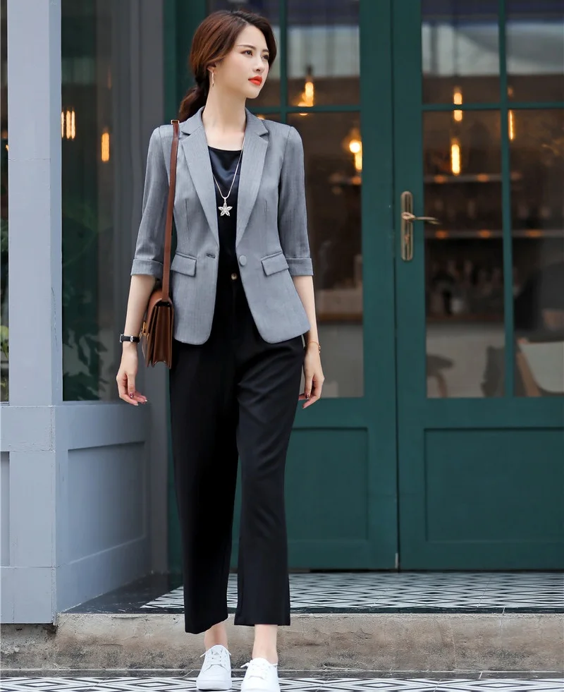 New 2019 Ladies Grey Blazer Women Business Suits Formal Office Suits