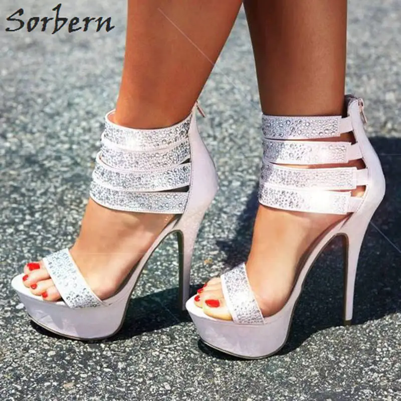 Sorbern Light Pink Ankle Wrapped Sparked Crystals Custom Color Sunmer Open Toe Black Plus Size