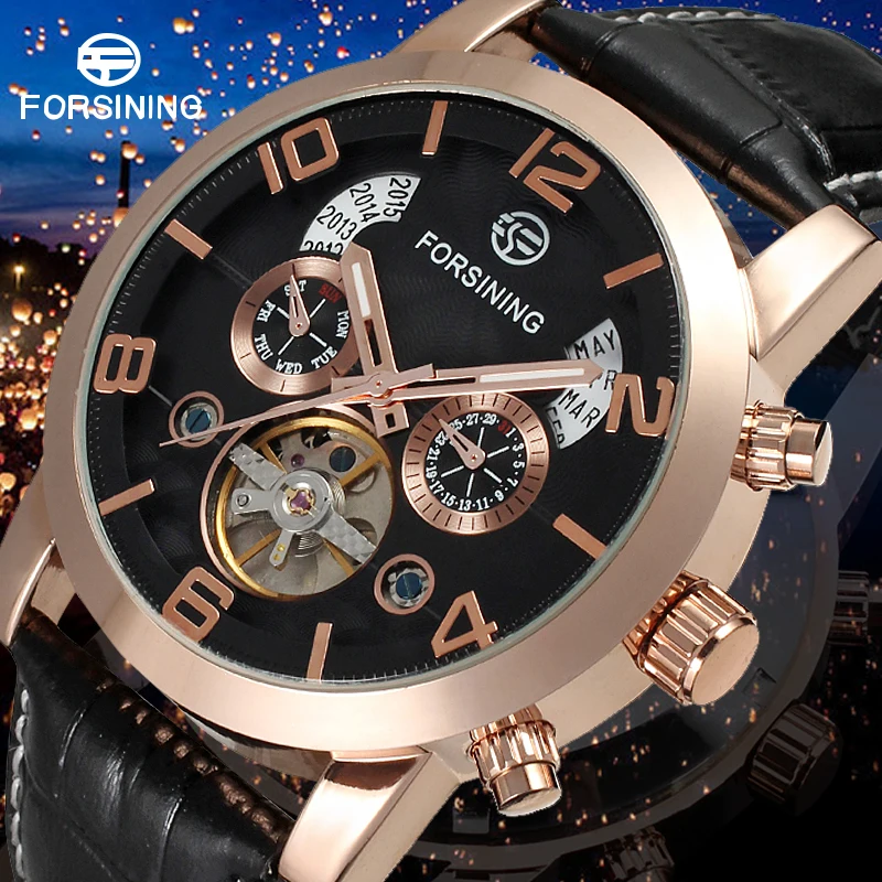 Men Automatic Watches Business Mechanical Watch with Black Genuine ...