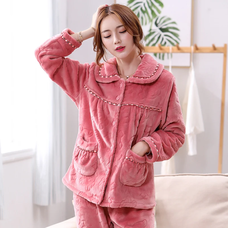 Autumn and winter coral cashmere pajamas women plus velvet thicken warm ...
