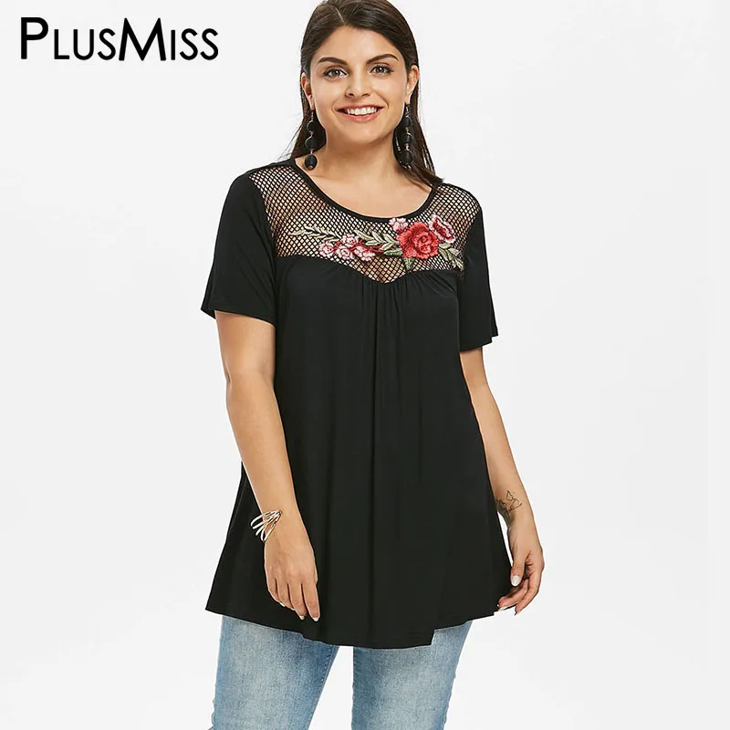 PlusMiss Plus Size 5XL XXXXL XXXL Boho Fishnet Mesh Floral Embroidery ...