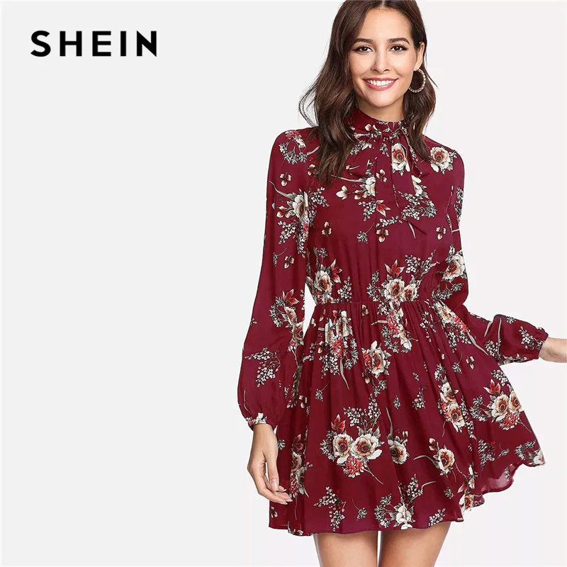 Shein Floral Print Tie Neck Bishop Sleeve Women Elegant A Line Chic