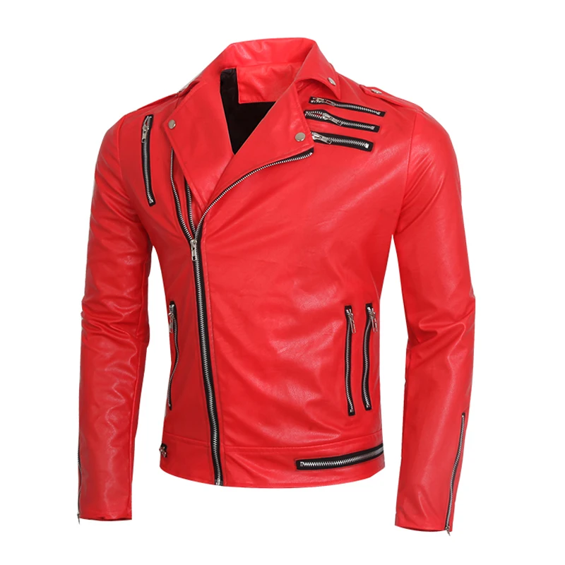 New Winter Oblique Zipper Red Color Leather Jacket Men Coat Short Slim ...