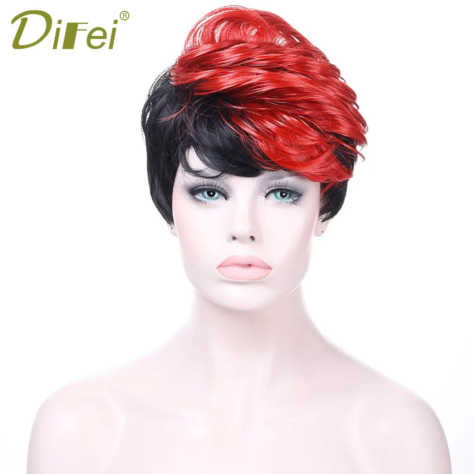 Synthetic Black red Short Women Wig Straight Wigs for Women Natural ...