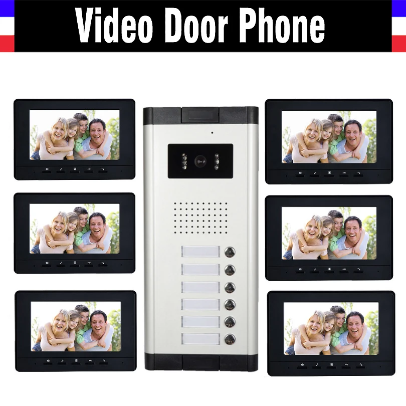6 Units Apartment Video Intercom System 7 Inch Monitor Video Door Phone ...