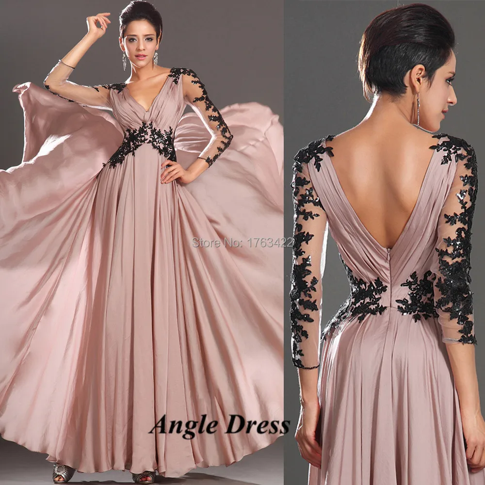 Ever Pretty Light Pink Black Lace Long Sleeve Evening Dresses Long Prom ...