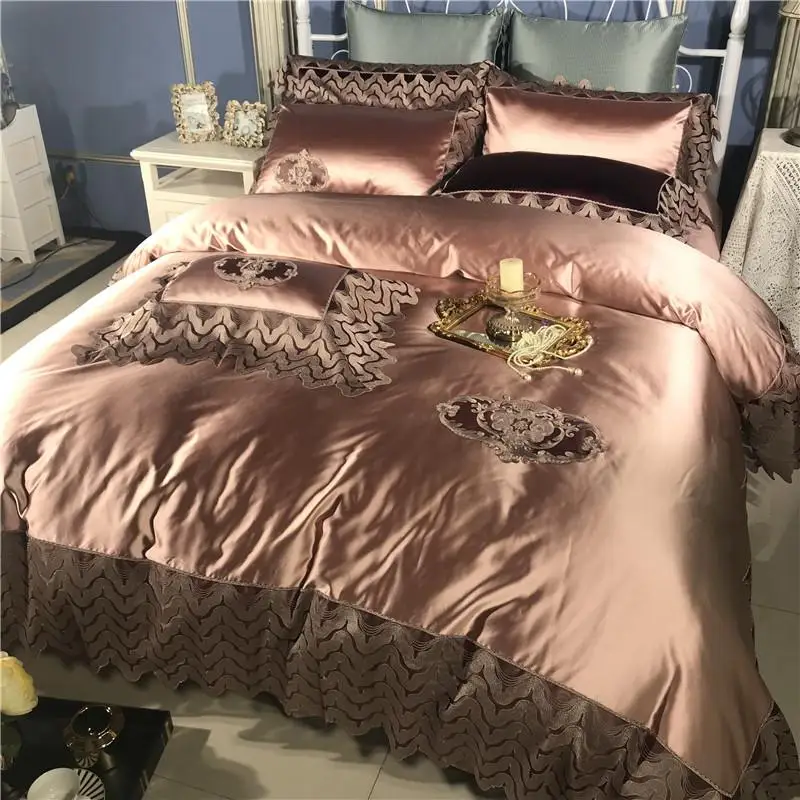 Luxury Wedding 120s Egyptian Cotton Coffee Embroidery Bedding Sets