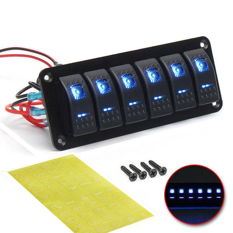 6 Gang Blue LED Light Rocker Switch Panel Circuit Breaker Boat Marine ...