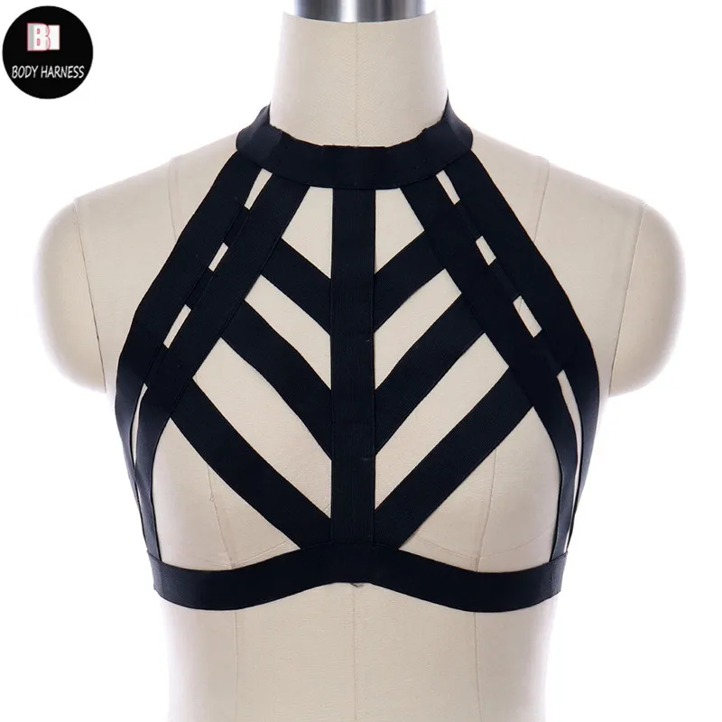 Sexy Women Black Harness Cage Bra 90's Elastic Body Harness Crop Top ...
