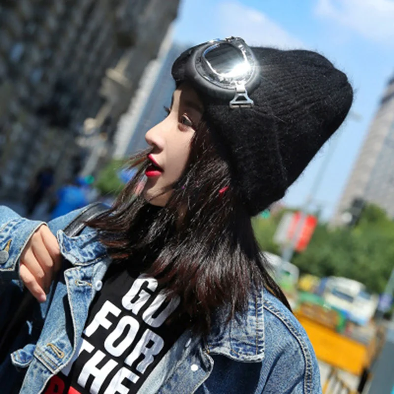 SYi Qarce однотонная зимняя вязаная шапка Авиатор с очками Skullies Beanies, шапка для женщин и ...