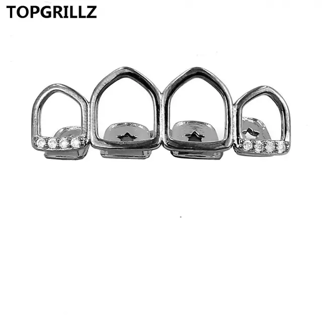 TOPGRILLZ Grill Set Gold Color Plated Four Full Open Face Hollow Tooth ...