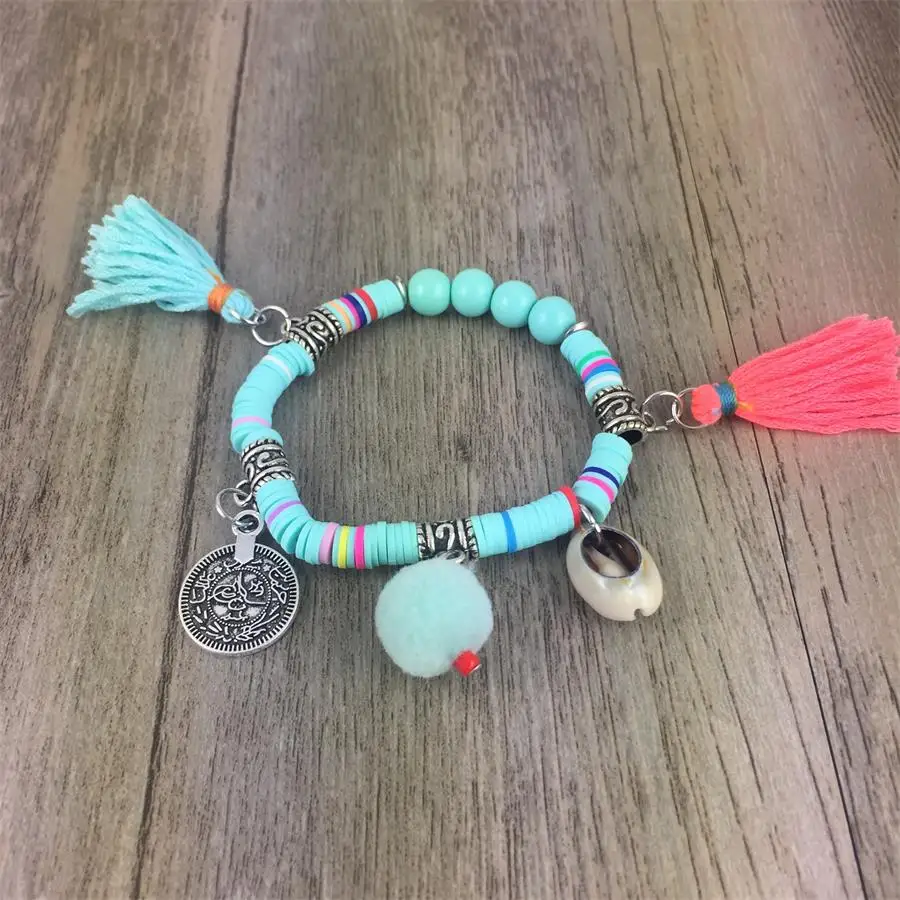Women Fashion Fimo Beads Handmade Bracelets with Tassel Pendant Shell ...