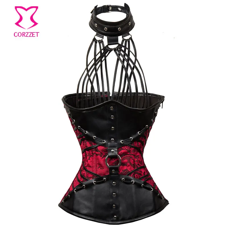 Red Floral Brocade And Black Leather Halter Corset Gothic Bustier Top